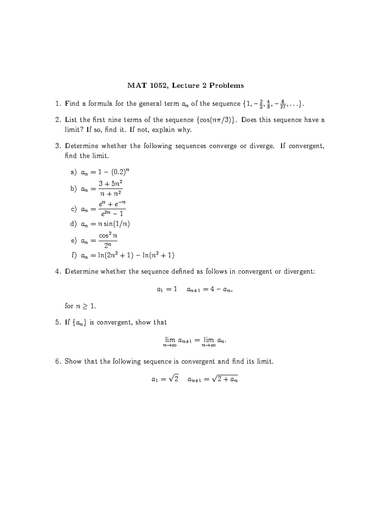 MAT 1052, Lecture 2 Problems: Sequences and Series Exercises - Studocu