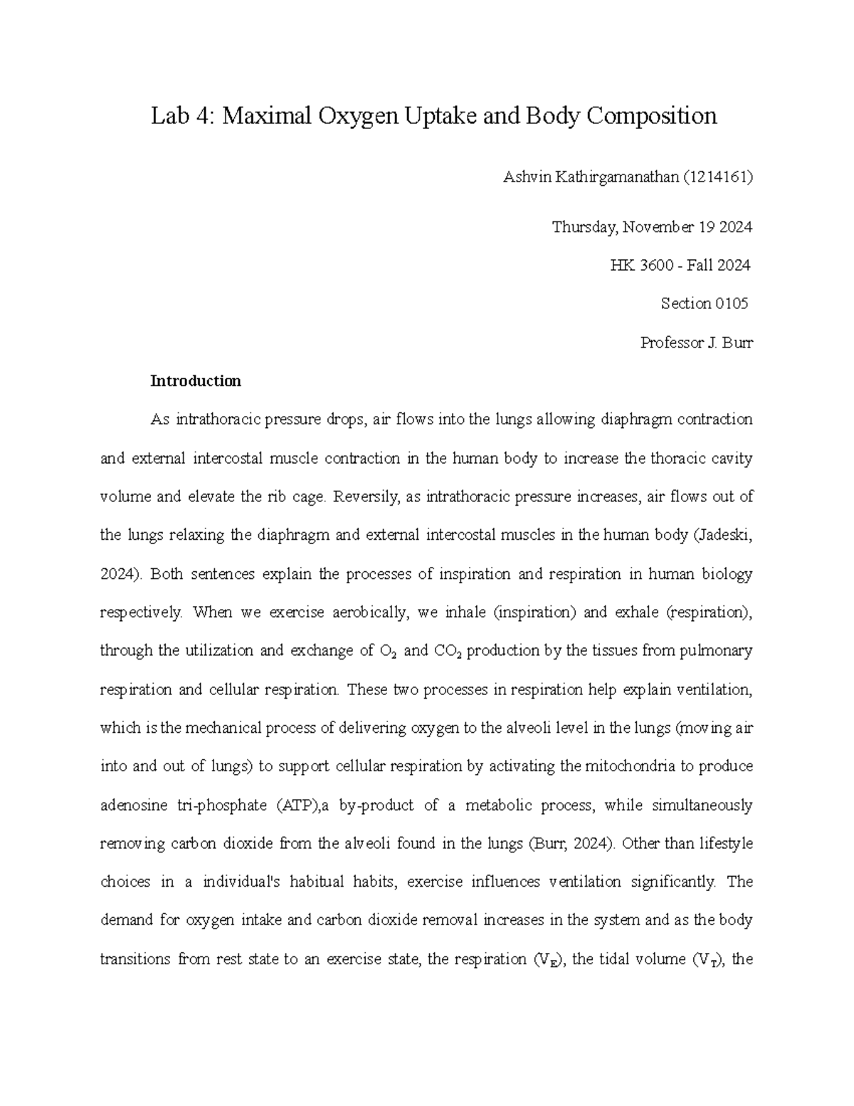 Lab 4: Maximal Oxygen Uptake & Body Composition Analysis (HK 3600 ...