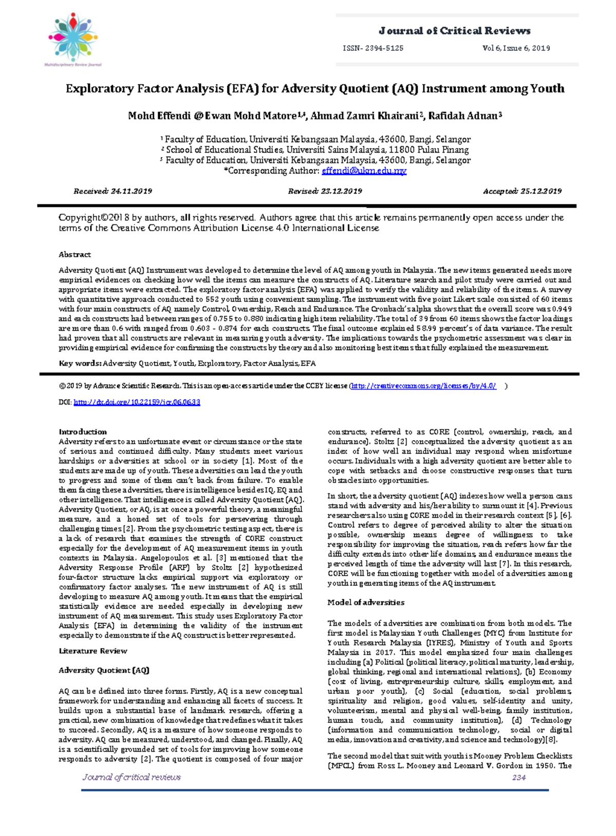 EFA for Adversity Quotient (AQ) Instrument among Youth - JCR 2019 - Studocu