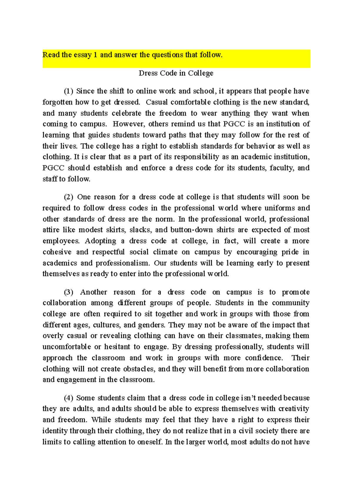PGCC ENG101 - Argumentative Essay on Dress Code and Diet Trends - Studocu