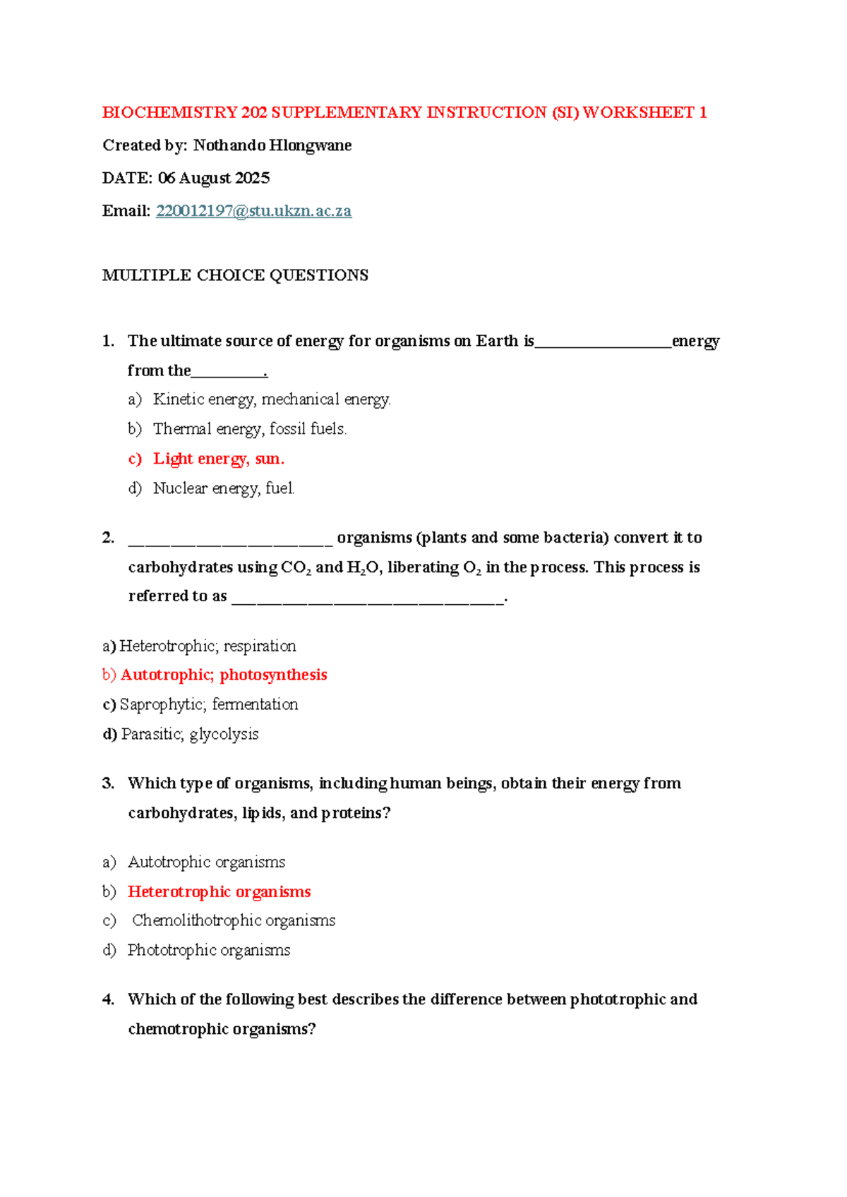 BIOC202 SUPPLEMENTARY INSTRUCTION WORKSHEET 1: MCQs & Short Qs - Studocu