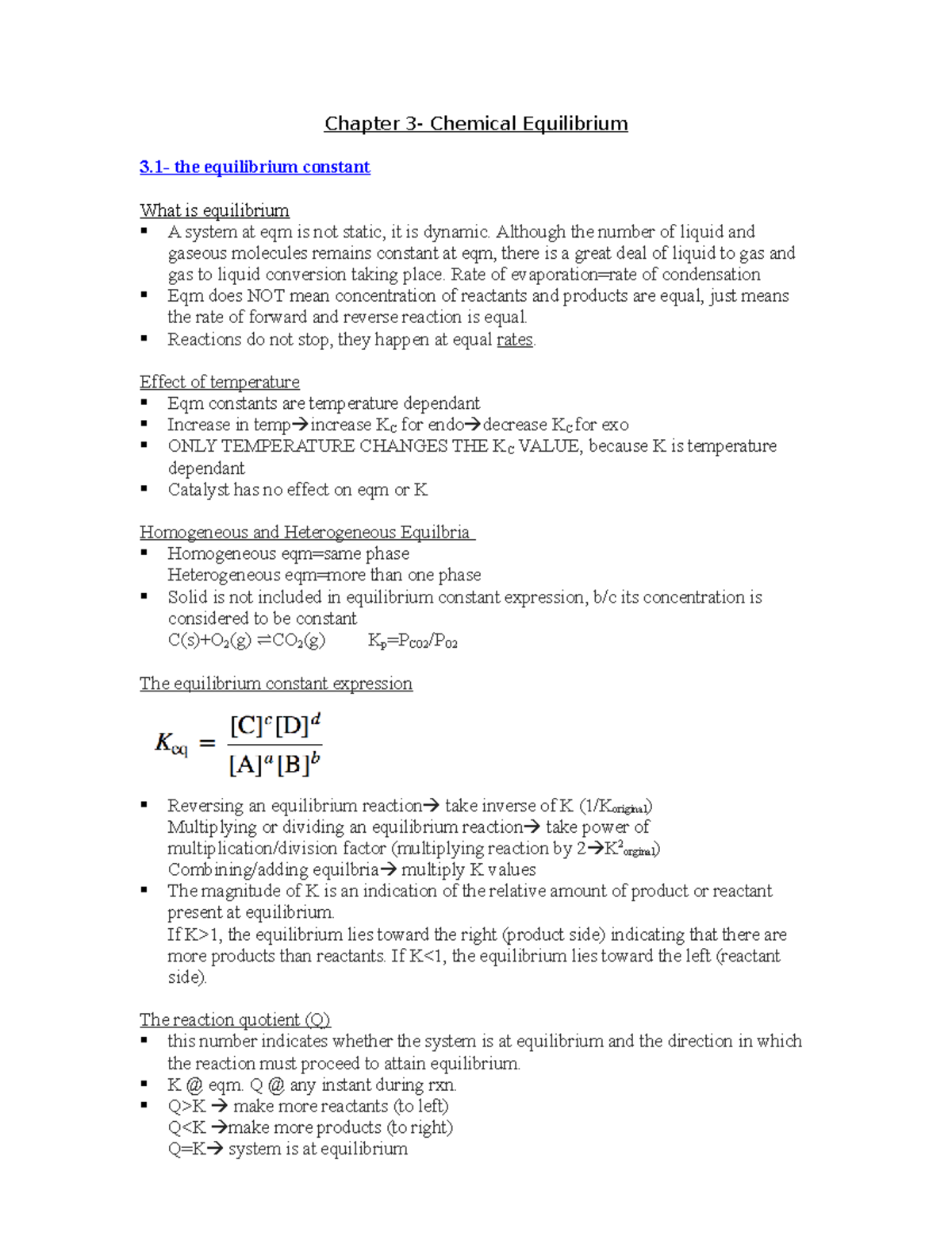 Chem 101 Final Exam Notes: Chemical Equilibrium Concepts - Studocu