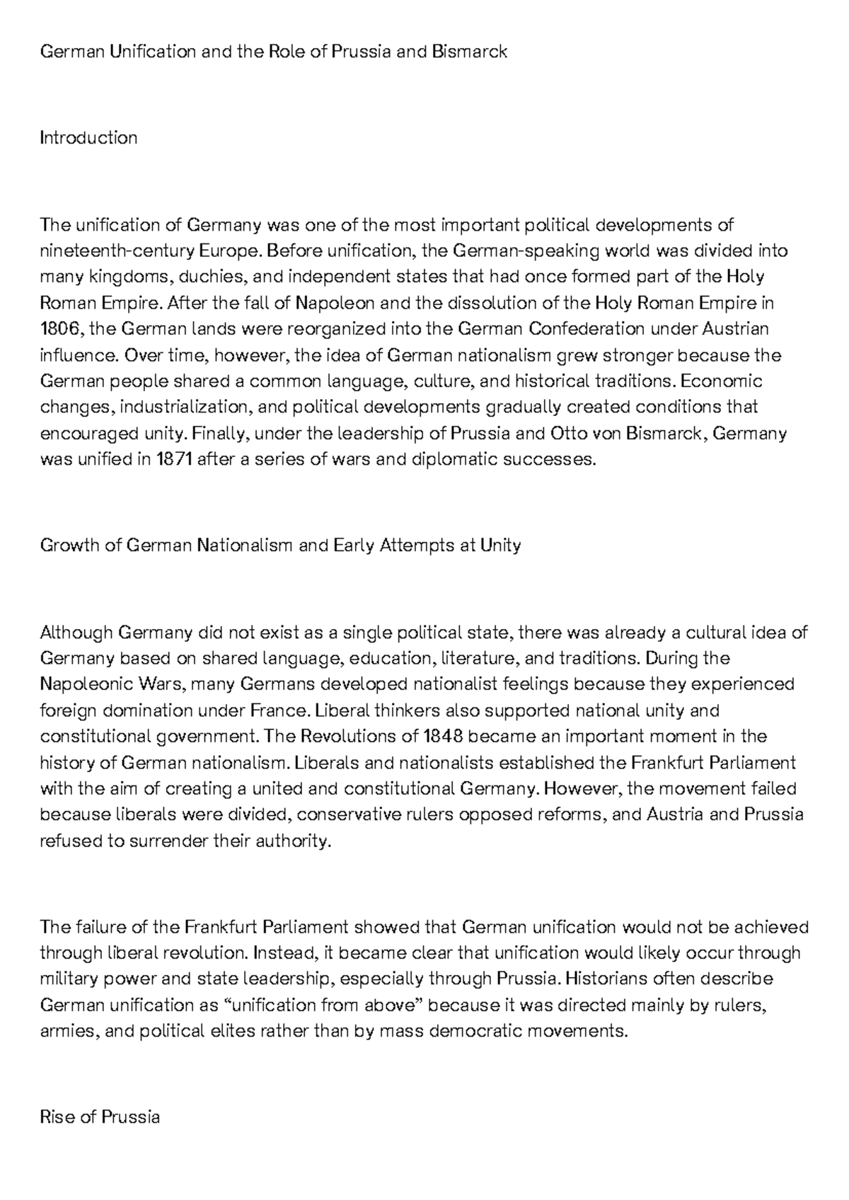 German Unification: The Role of Prussia and Bismarck in 1871 - Studocu