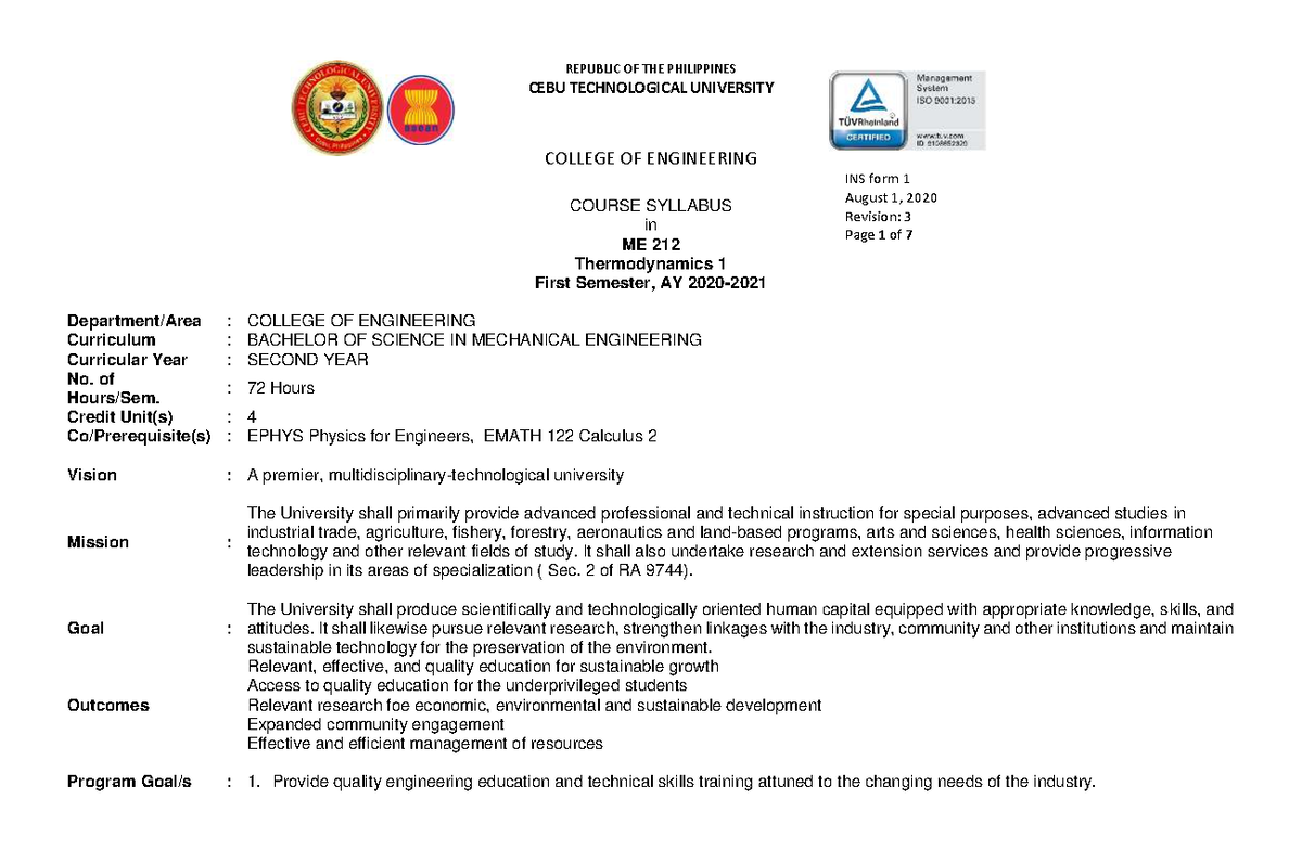 ME 212 - Thermodynamics 1 Course Syllabus for First Semester 2020 - Studocu