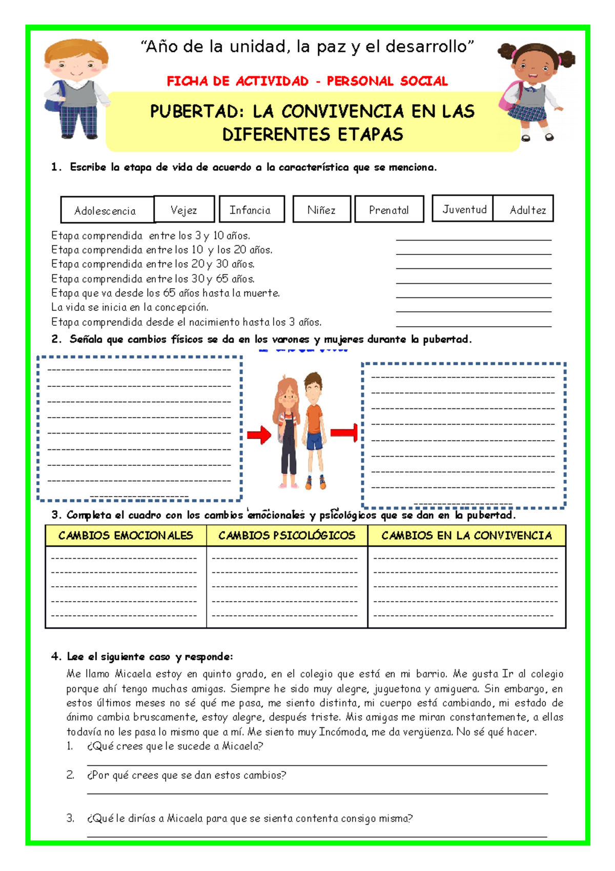 Ficha-JUEV-PS- Actividades sobre Pubertad y Convivencia en Etapas - Studocu