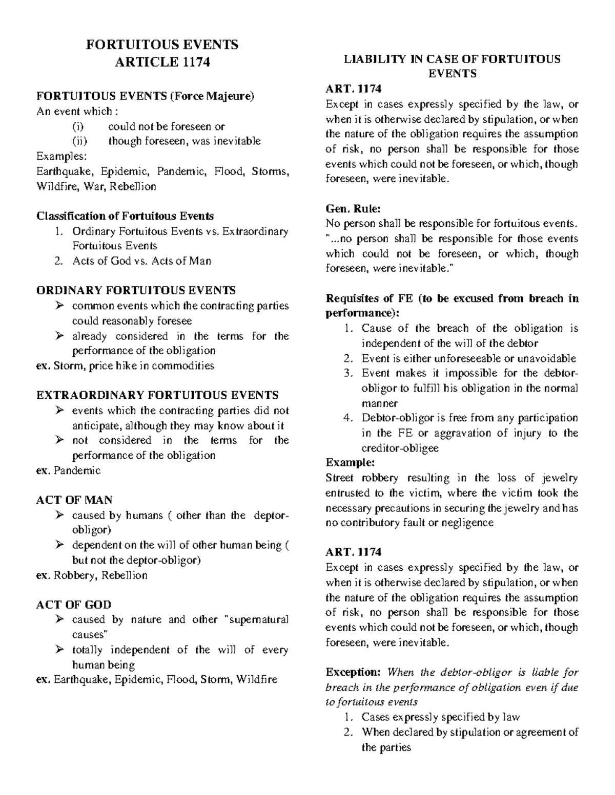Article 1174 - Fortuitous Events (Force Majeure) Explained - Studocu