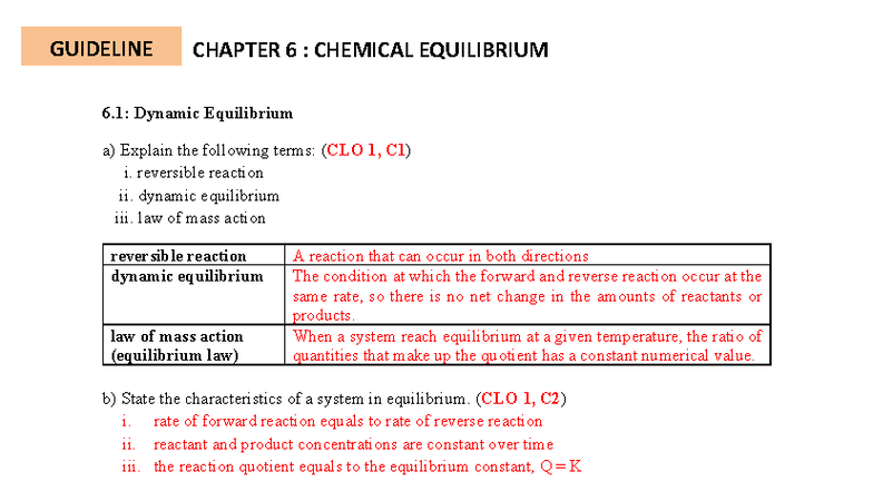 Guideline Chapter 6: Chemical Equilibrium (CLO 1, C2) - Studocu