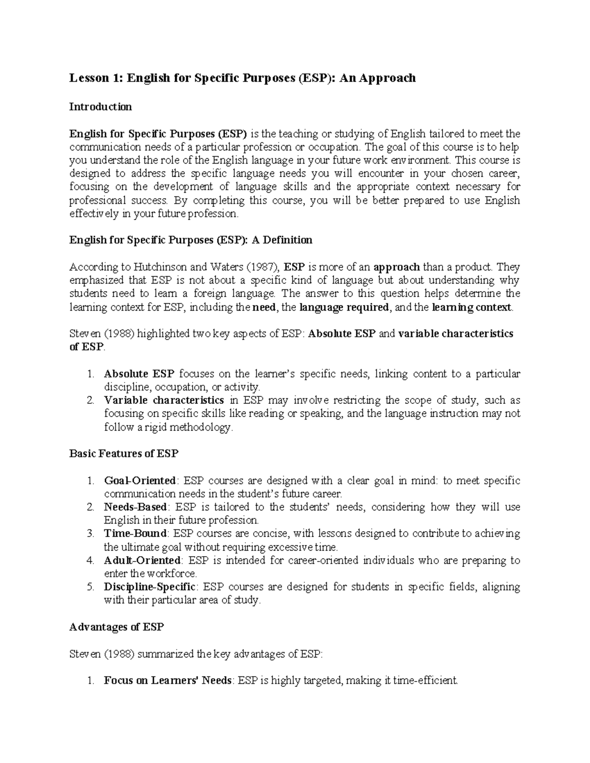 ESP lesson prelim - vcghho - Lesson 1: English for Specific Purposes ...