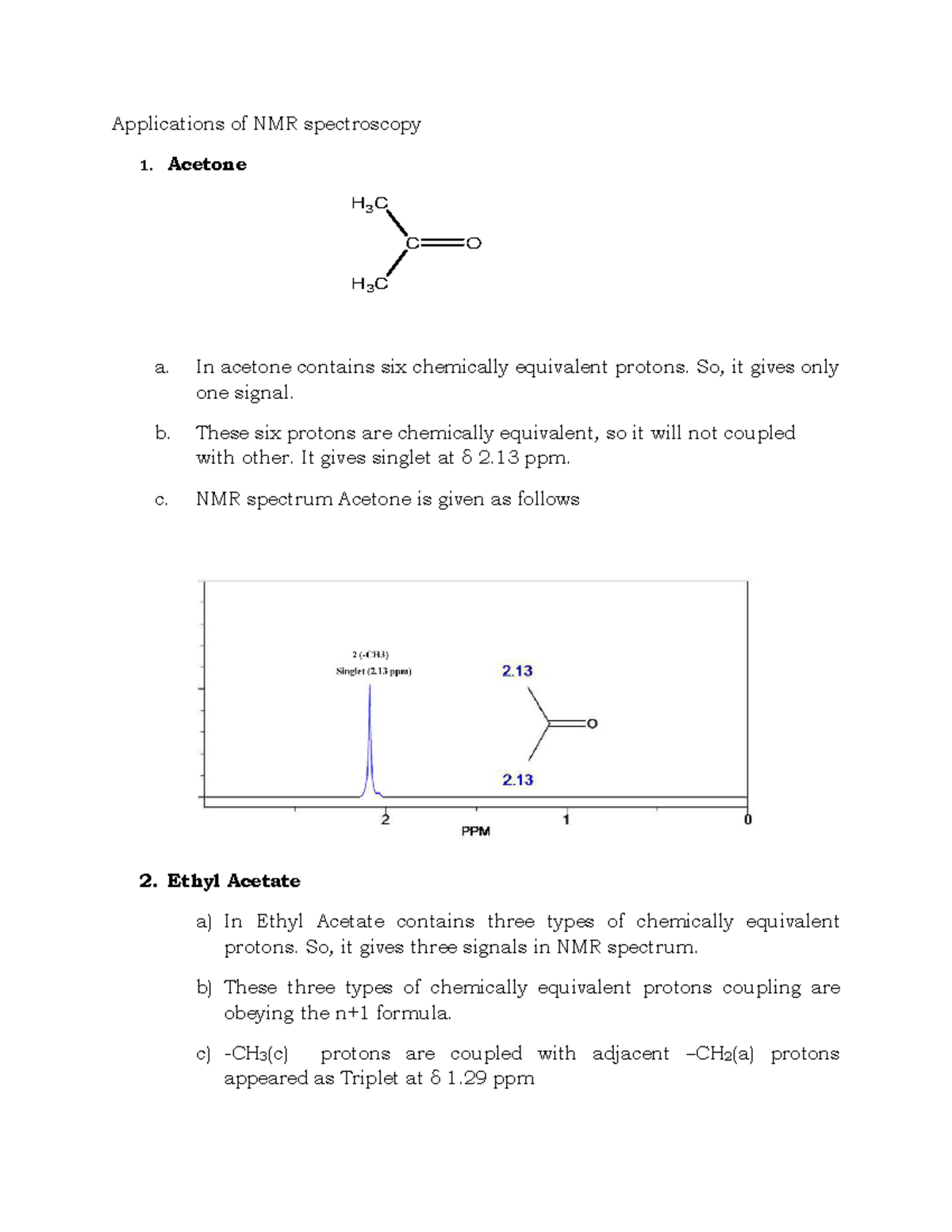 NMR Spectroscopy Applications: Acetone, Ethyl Acetate, and More - Studocu