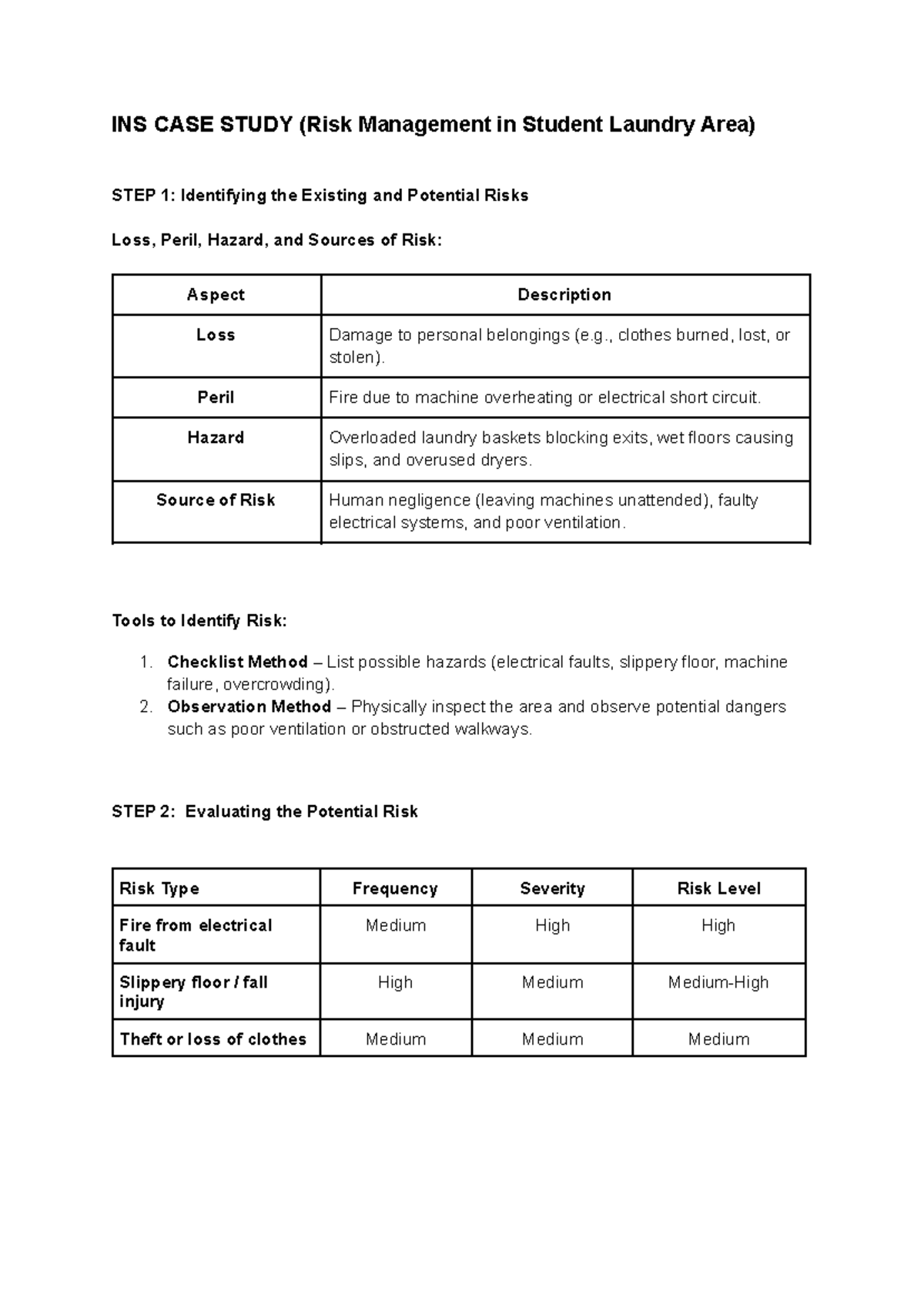 INS200 CASE STUDY: Risk Management in Student Laundry Area - Studocu