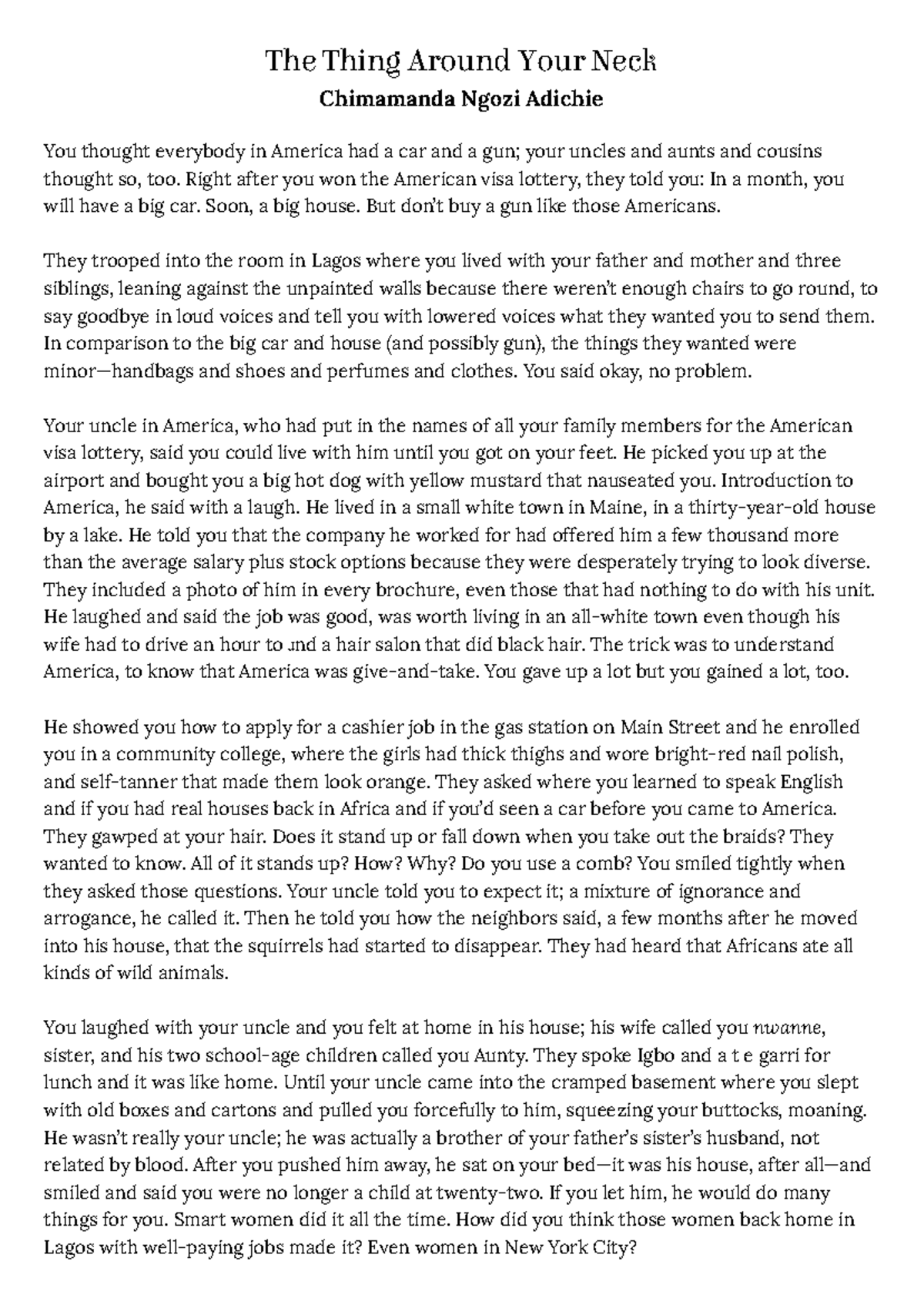 The Thing Around Your Neck - Analysis and Themes in Chimamanda Ngozi ...