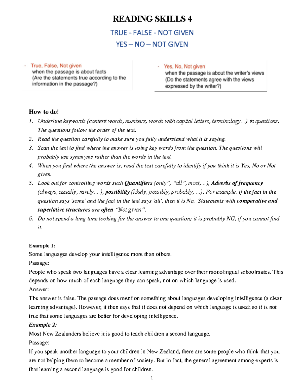 Lesson 5 TFNG - Exercise to practice - READING SKILLS 4 TRUE - FALSE ...