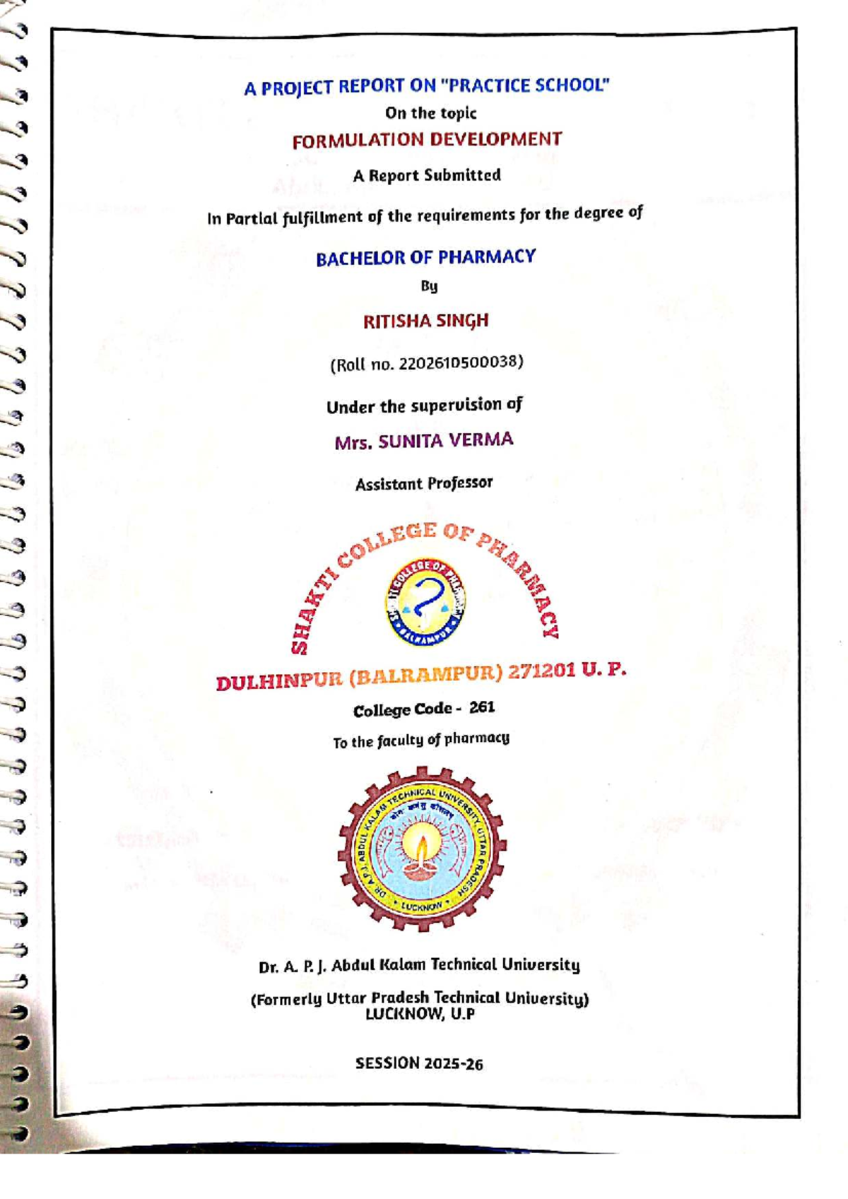 Formulation Development Project Report for B. Pharma (B.Pharma 4th Year ...