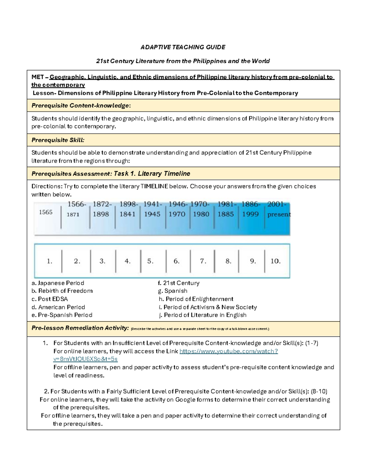 Q1L1 - 21st Century - ADAPTIVE TEACHING GUIDE 21st Century Literature ...