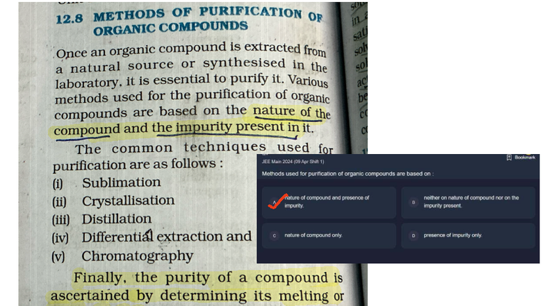 JEE Main 2024: Methods of Purification of Organic Compounds - Studocu