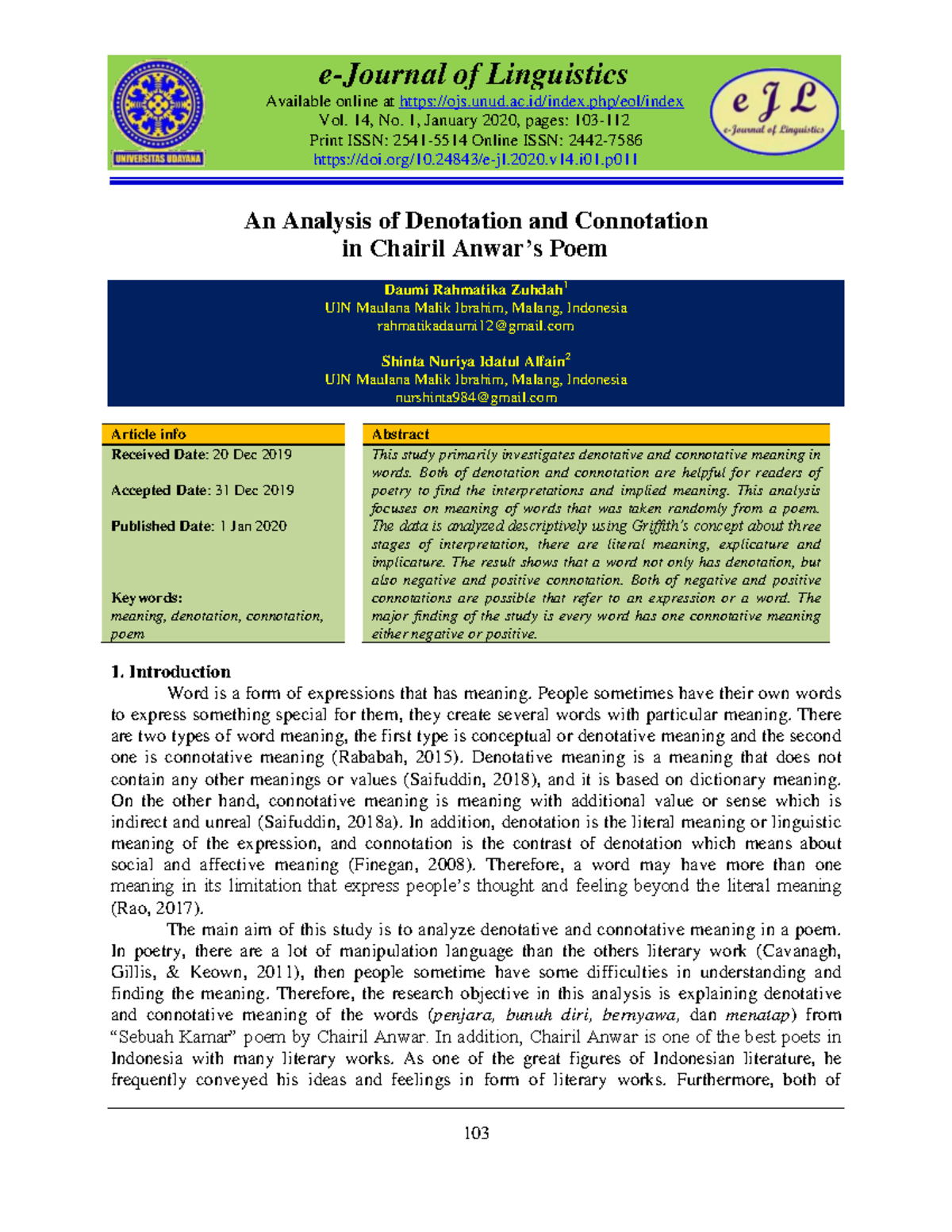 An Analysis of Denotation and Connotation in Chairil Anwar's Poetry ...