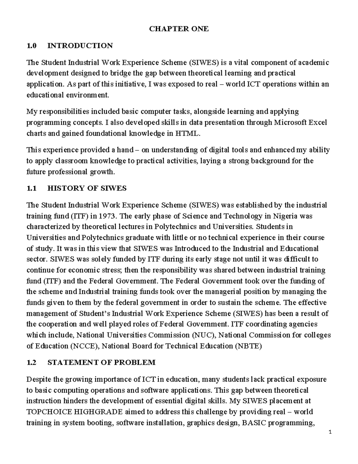 SIWES Report: Chapter One - Introduction and Overview (CIS 101) - Studocu