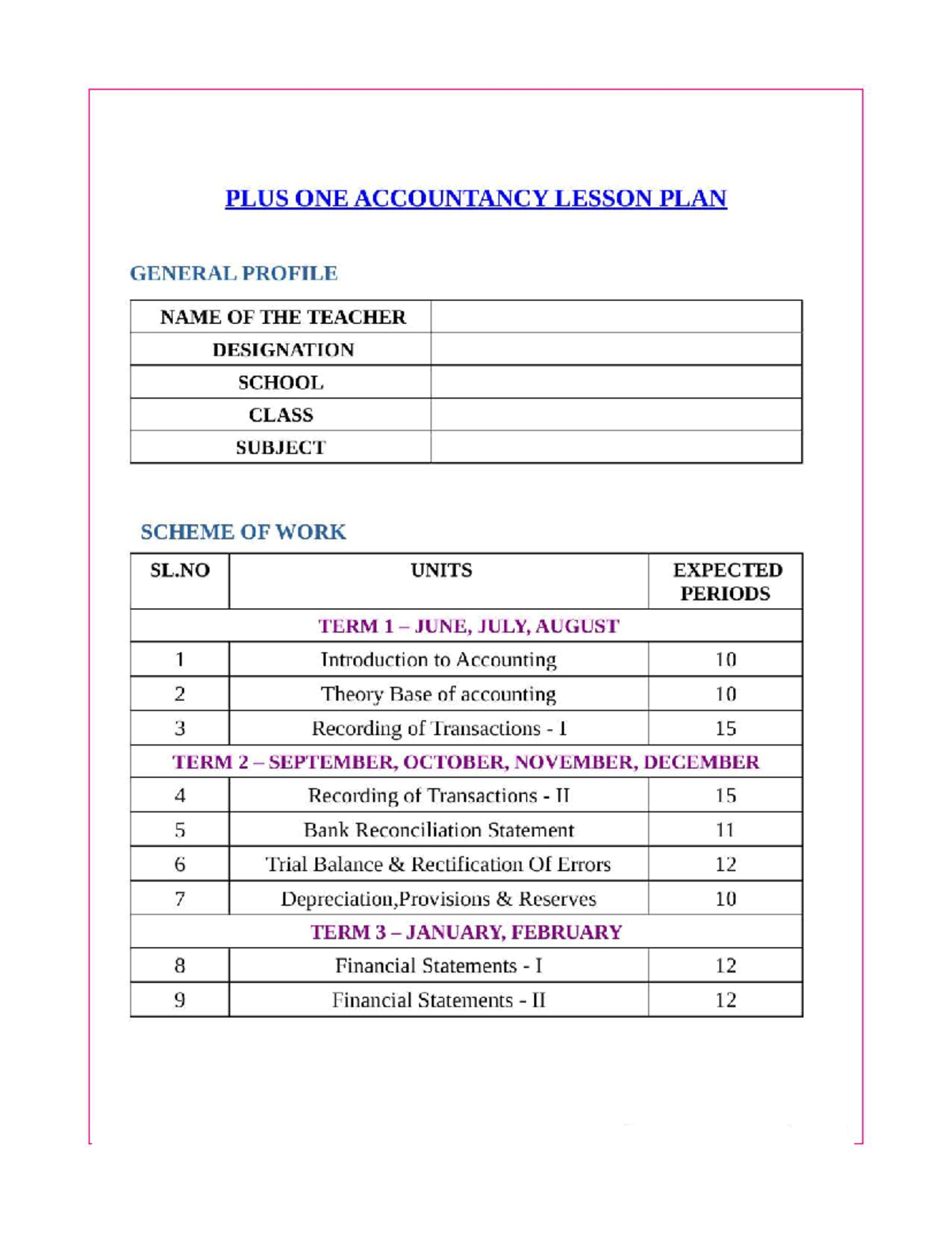 PLUS ONE ACCOUNTANCY LESSON PLAN: CLASS XI OVERVIEW AND OBJECTIVES ...