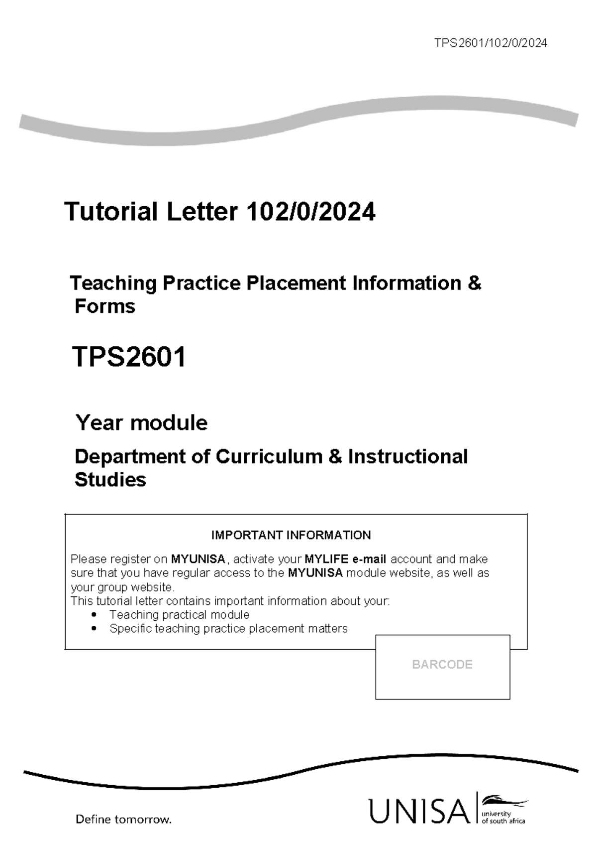 TPS2601 Tutorial Letter 102: Teaching Practice Placement Guide 2024 ...