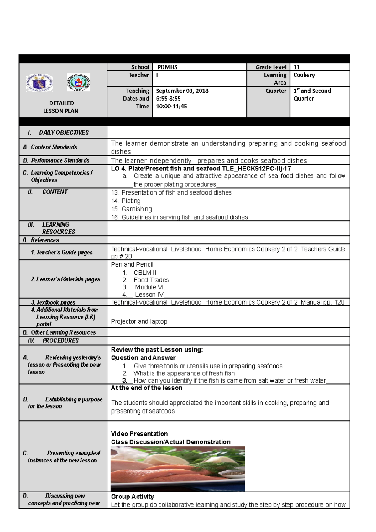 Cookery Lesson Plan (DLL-Dpl) - Seafood Preparation & Presentation ...