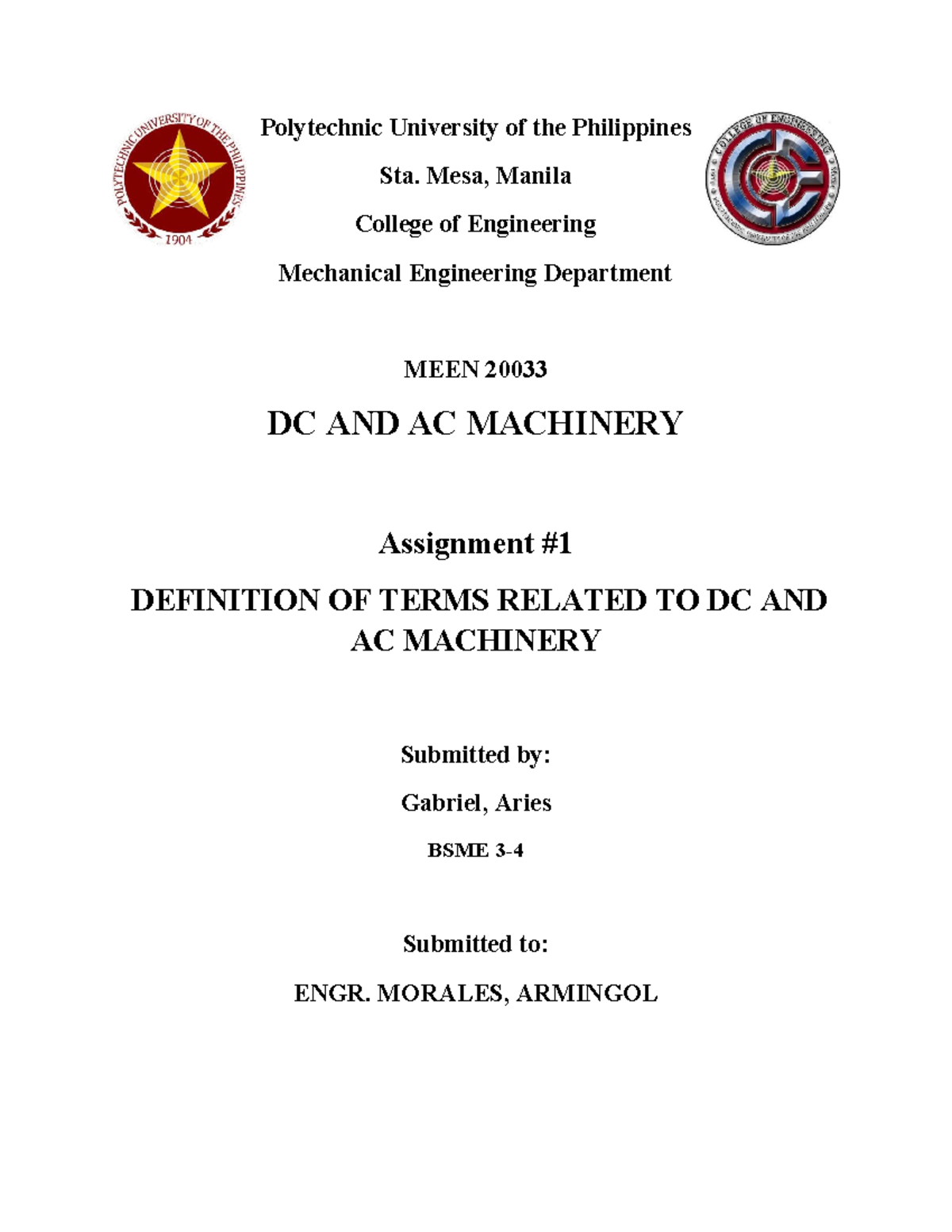 MEEN 20033 Assignment: Definitions of DC and AC Machinery Terms - Studocu