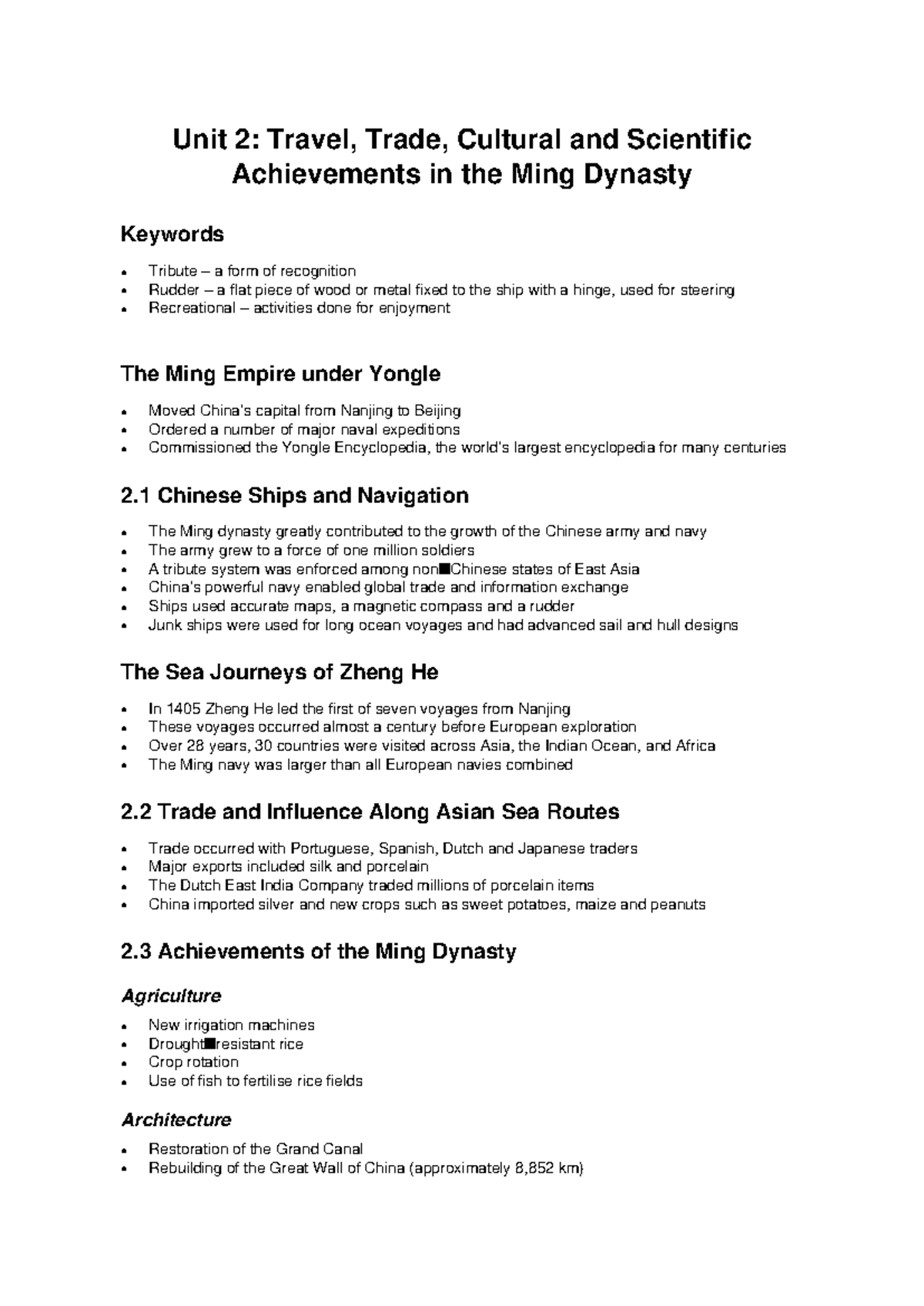 Ming Dynasty Unit 2: Trade, Achievements & Zheng He's Voyages - Studocu
