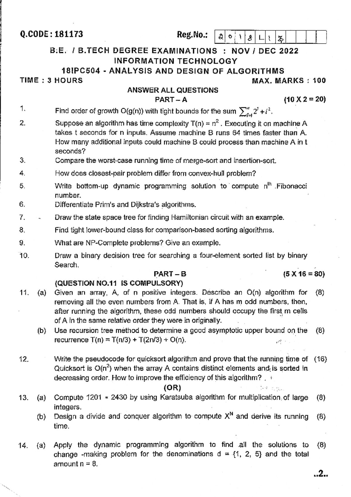 ADA QP 2022 & 2023 - Question paper - Analysis of desogn and algorithm ...