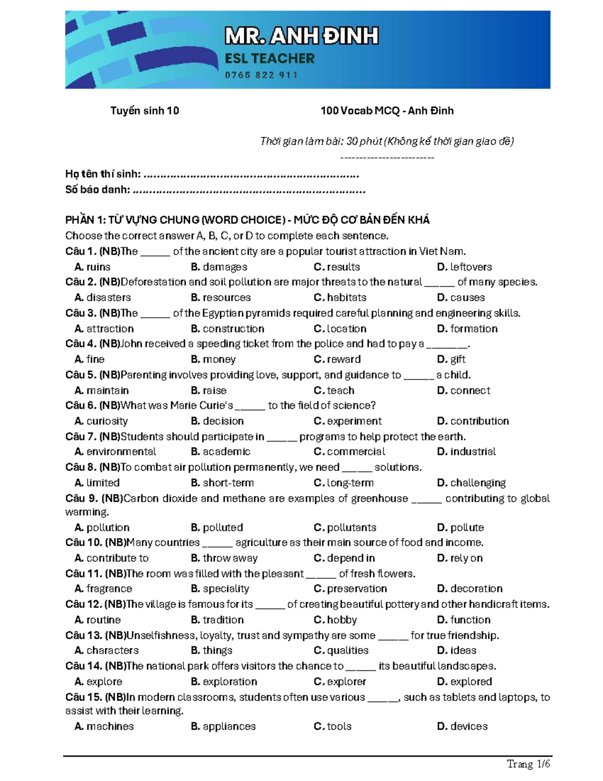 100 MCQ TS 10 Anh Dinh - Vocab Practice for Entrance Exam 2026-2027 ...