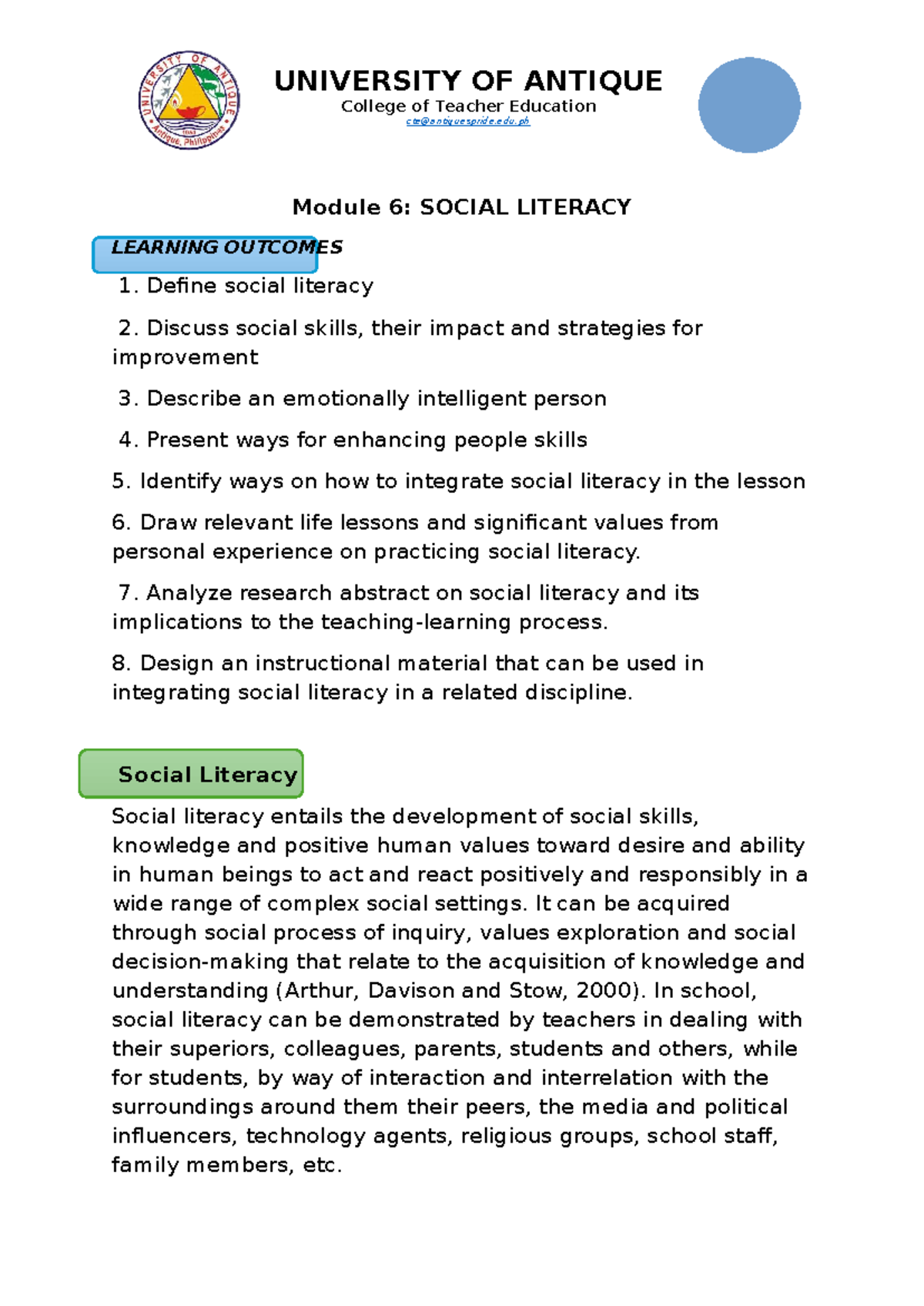 EDUC 9: Module 6 - Understanding Social Literacy and Skills - Studocu