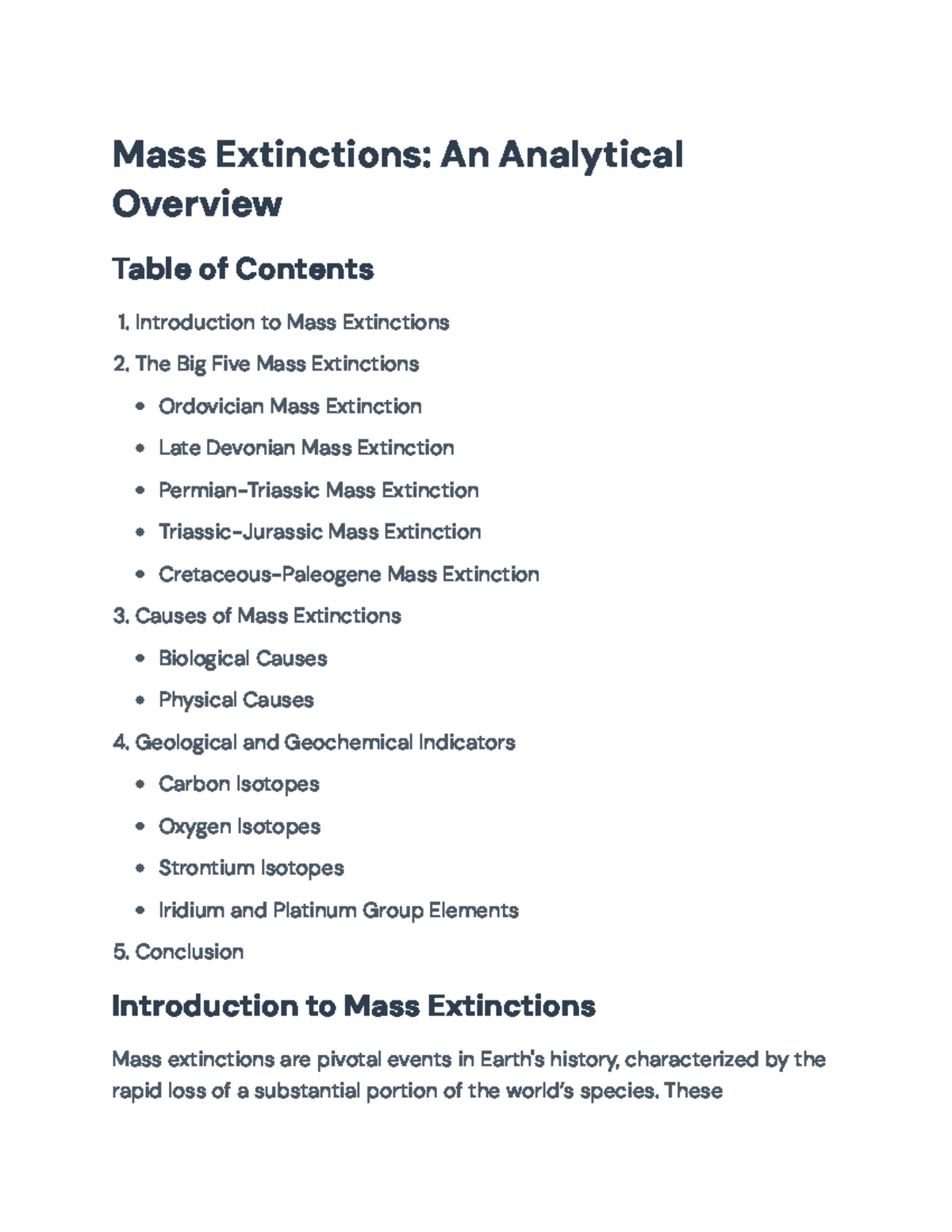 Mass Extinctions: An Analytical Overview of Historical Events and ...