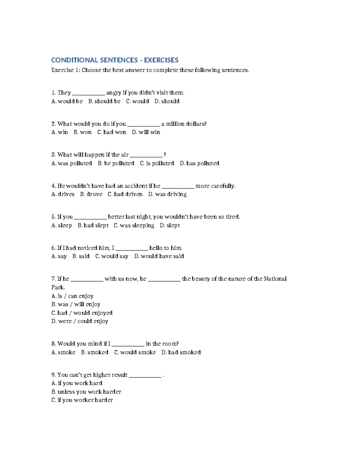 Conditional Sentences Exercises: Practice Questions and Answers - Studocu