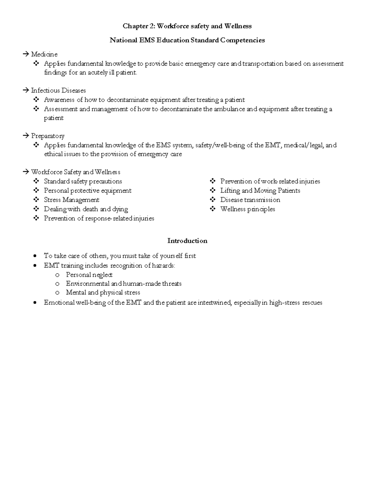 Chapter 2 Notes - Chapter 2: Workforce safety and Wellness National EMS ...