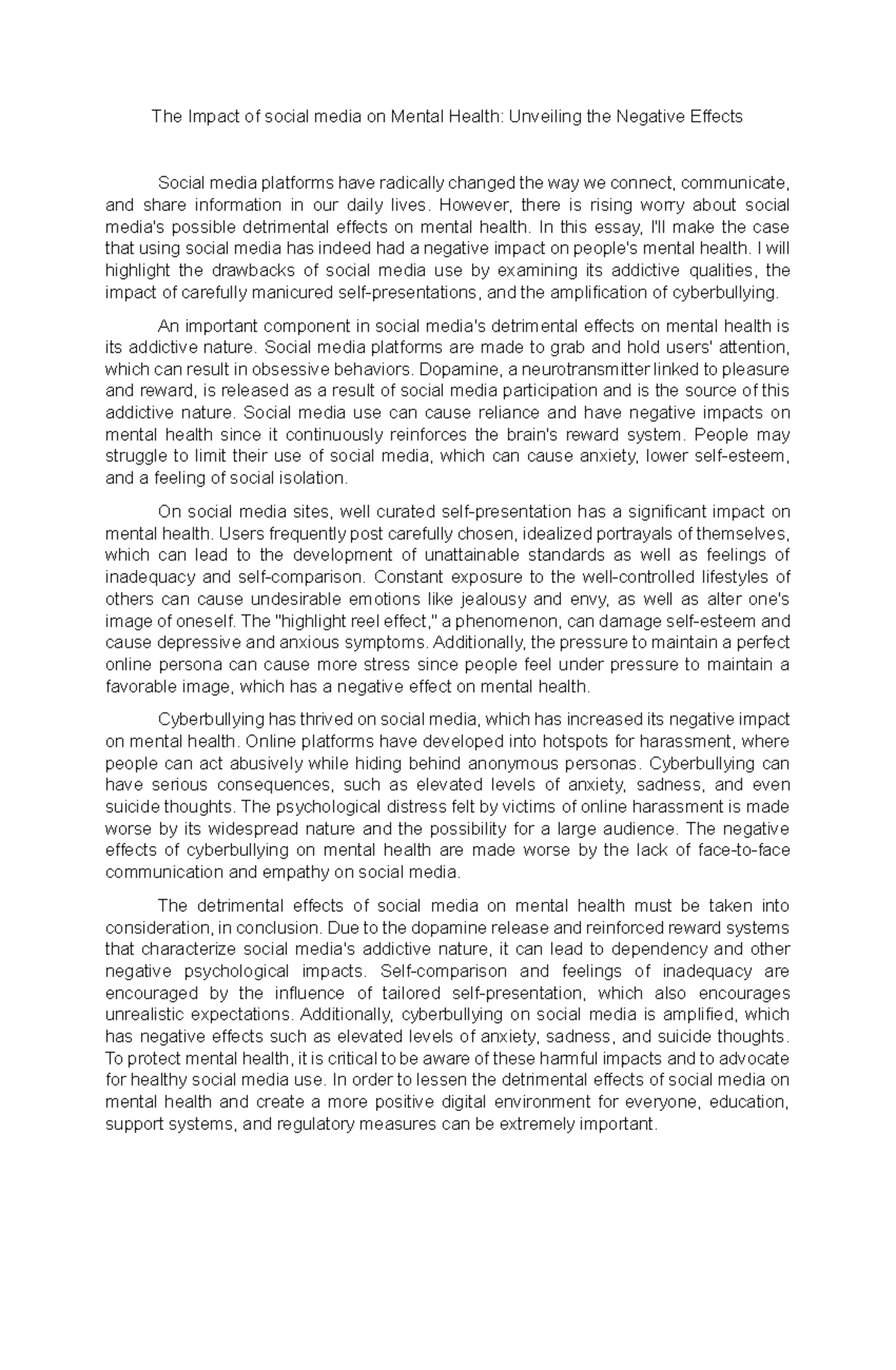 ENG101: Argumentative Essay on Social Media's Impact on Mental Health ...