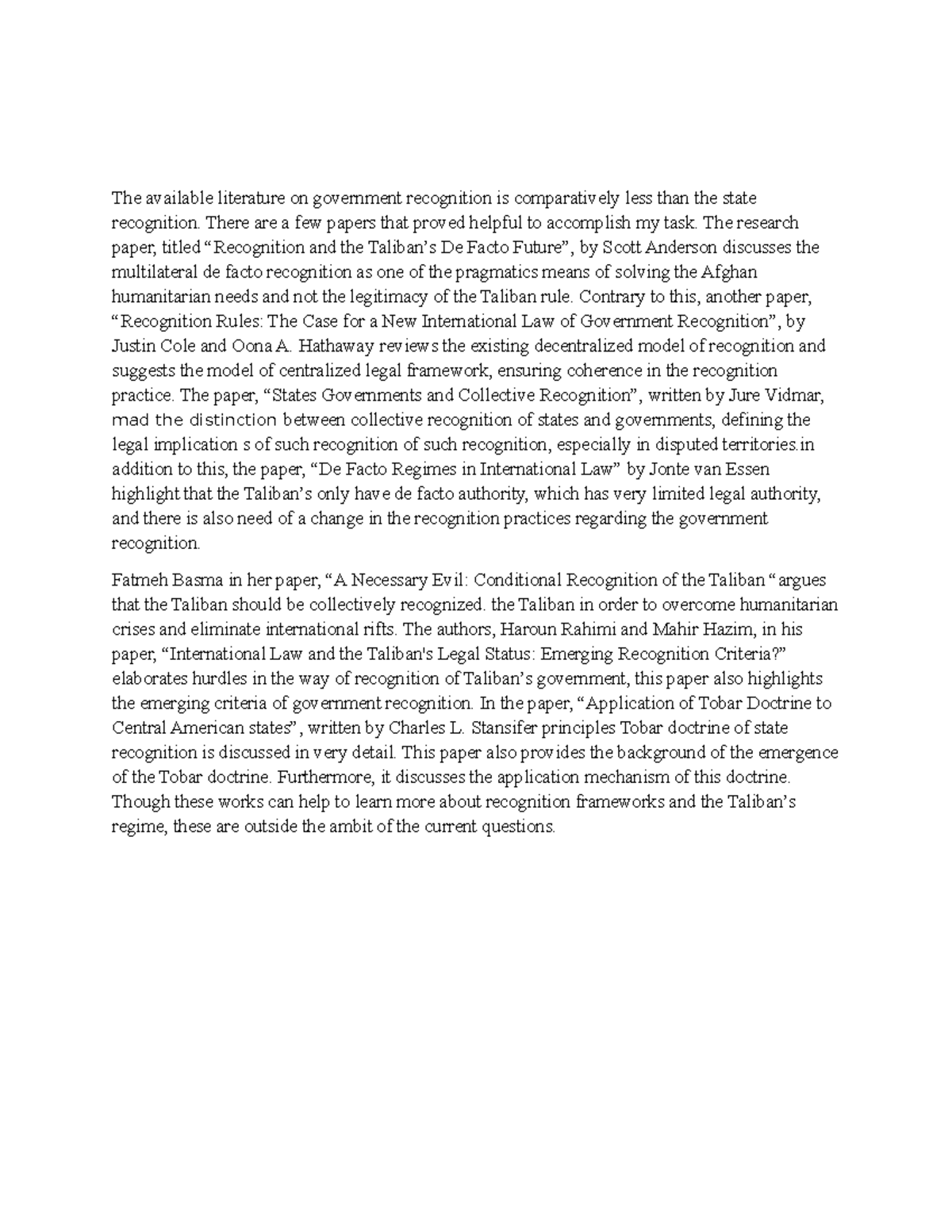 Literature Review on Government Recognition vs. State Recognition - Studocu