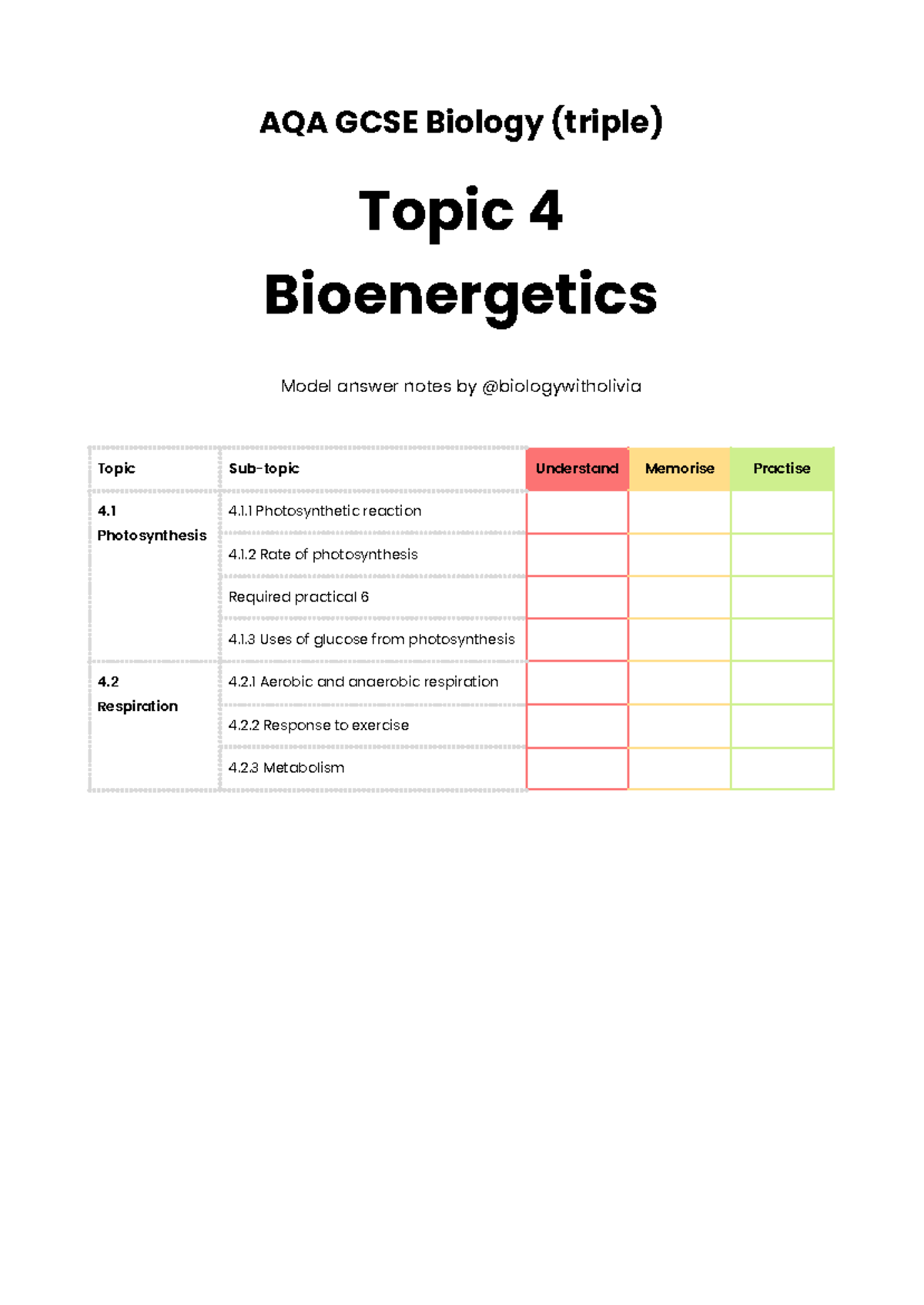 AQA GCSE Biology (Triple) Topic 4 Bioenergetics Summary Notes - Studocu