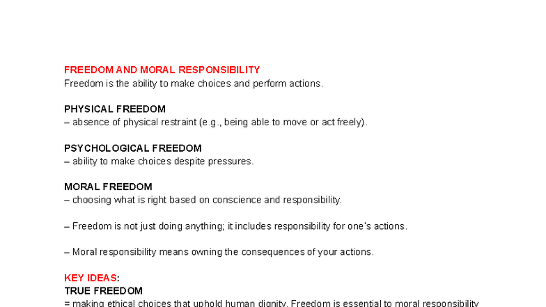 Philosophy Reviewer - FREEDOM AND MORAL RESPONSIBILITY Freedom is the ...
