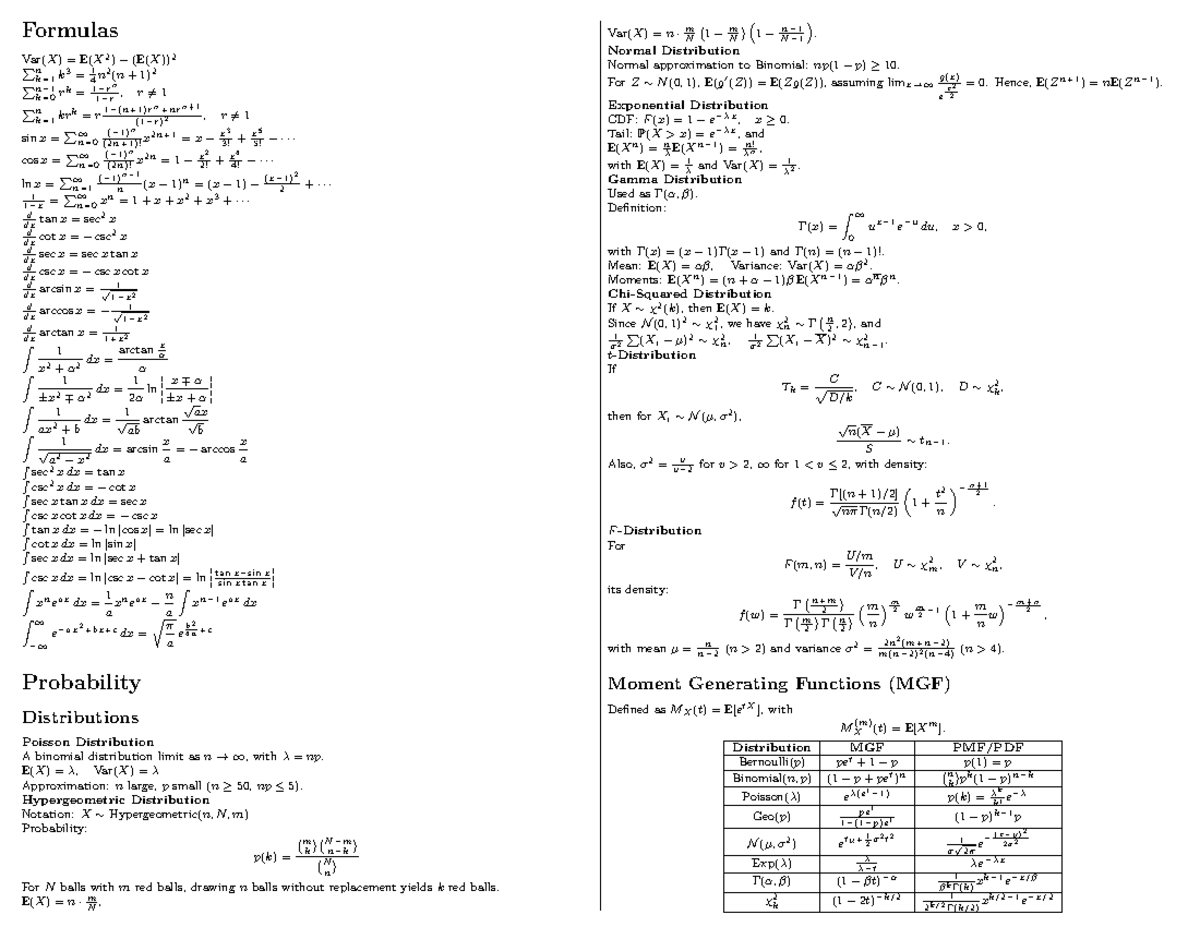 MH3500 Probability and Statistics Formulas Cheatsheet - Studocu