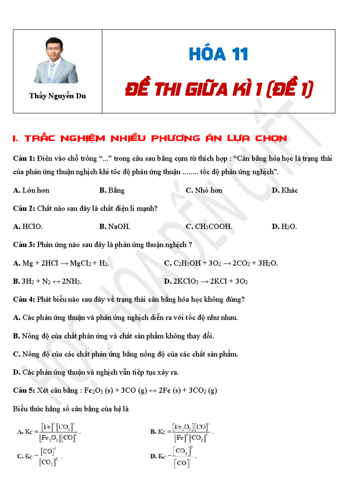 ĐỀ THI GIỮA KÌ 1 HÓA HỌC - ĐỀ 1 (Môn Hóa) - Studocu
