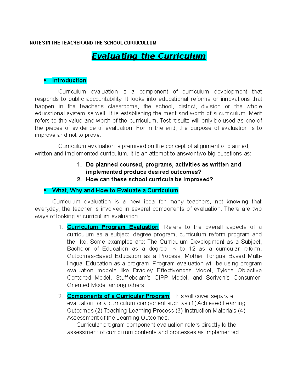 Curriculum Evaluation Notes: Importance and Methods in Ed Reform - Studocu