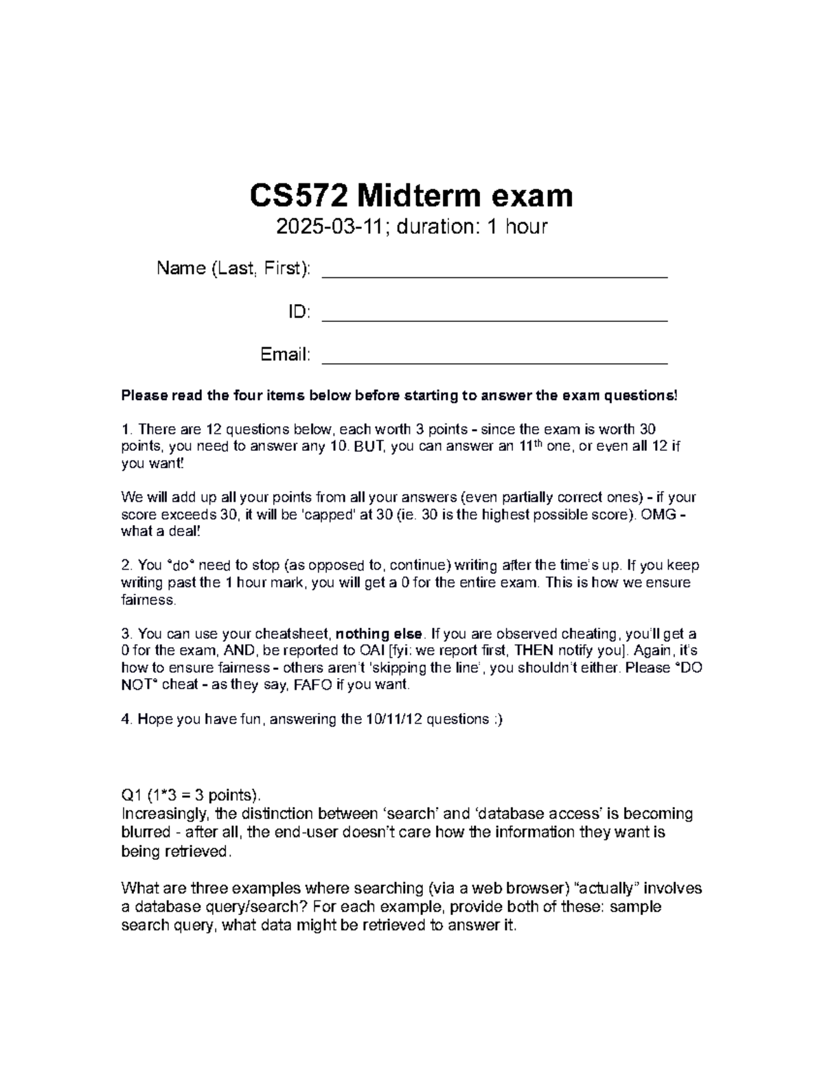 CS572 Midterm Exam Sample Questions and Guidelines - Studocu