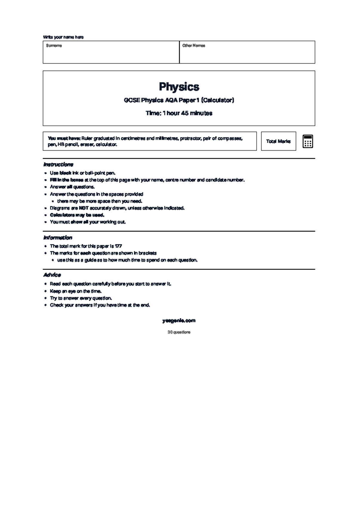 GCSE Physics AQA Paper 1 Exam Guide and Practice Questions - Studocu