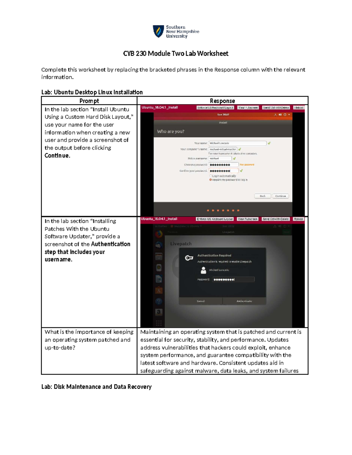 CYB 230 Module Two Lab Worksheet: Ubuntu Installation & System ...