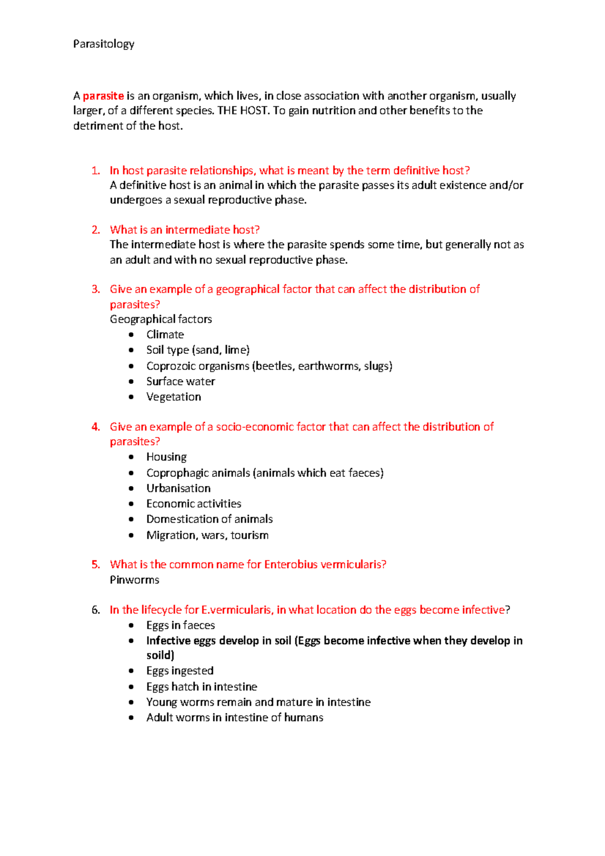 Parasitology short questions and answer - Parasitology A parasite is an ...