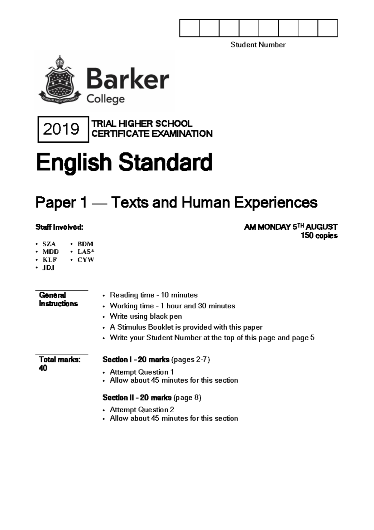 Barker College Trial HSC English Std P1 2019: Texts & Human Experiences ...