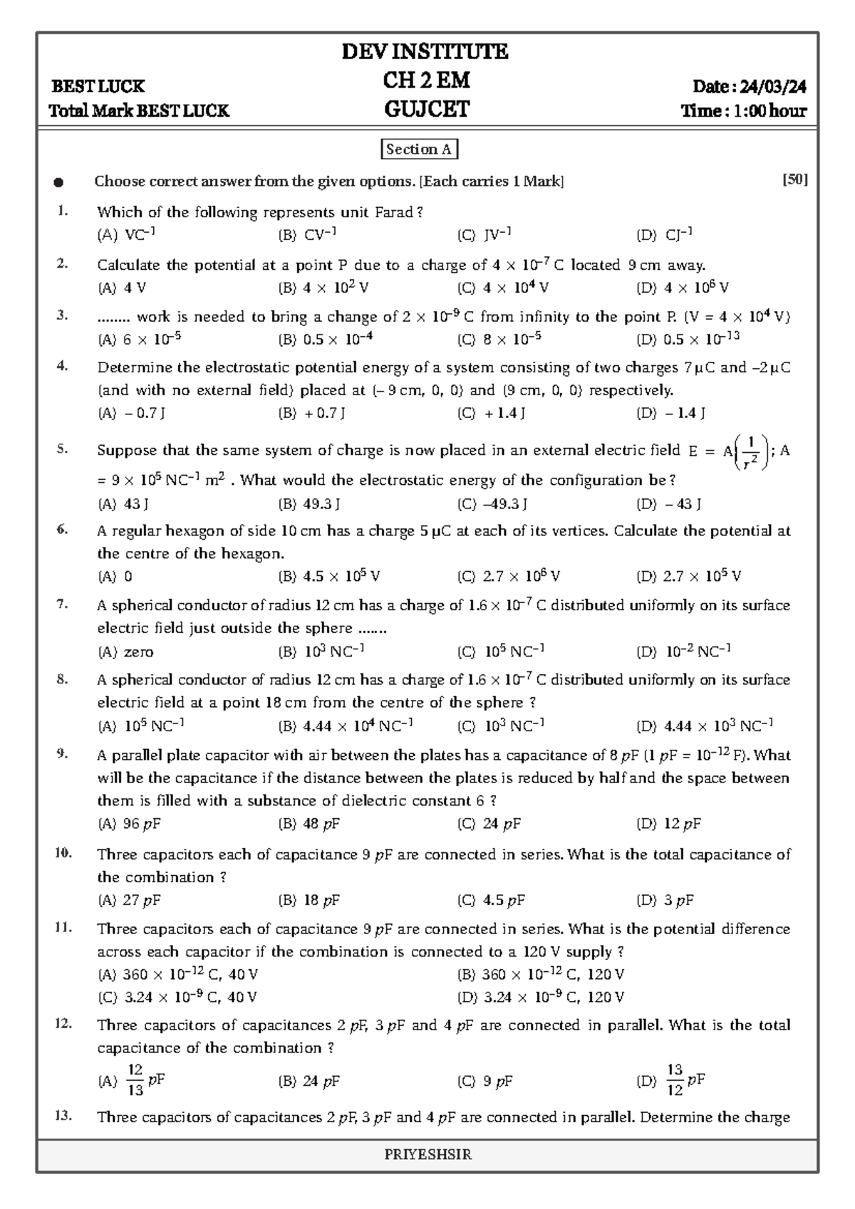 2 - practice - DEV INSTITUTE BEST LUCK CH 2 EM Date : 24/03/ Total Mark BEST LUCK GUJCET Time ...