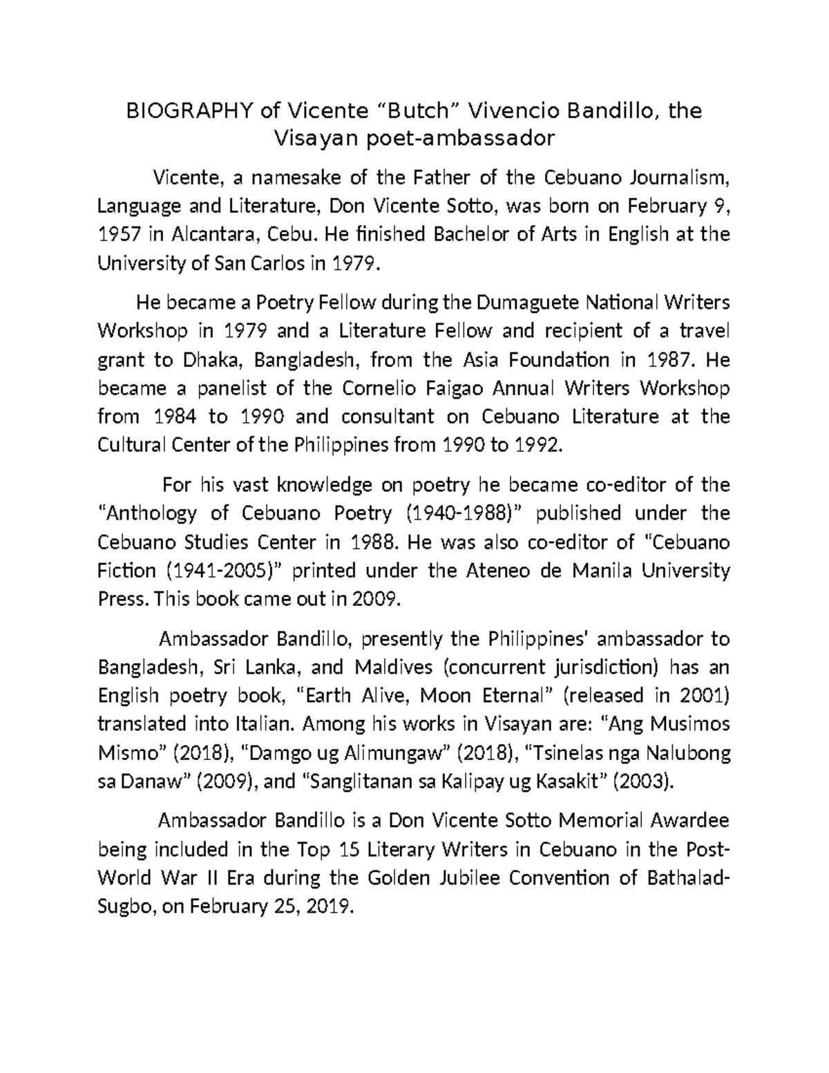 Vicente Bandillo: Poet-Ambassador & Cebuano Literary Icon - Studocu