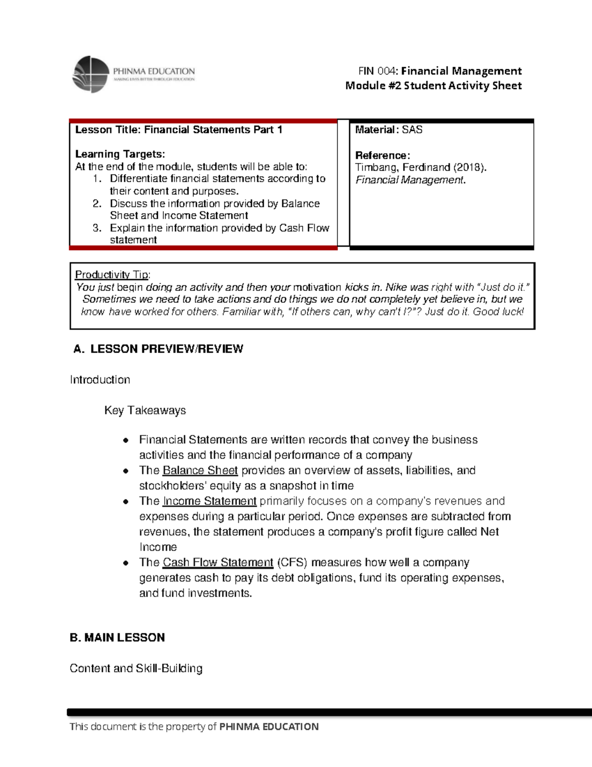 FIN 004: Financial Management Lesson on Financial Statements Part 1 ...