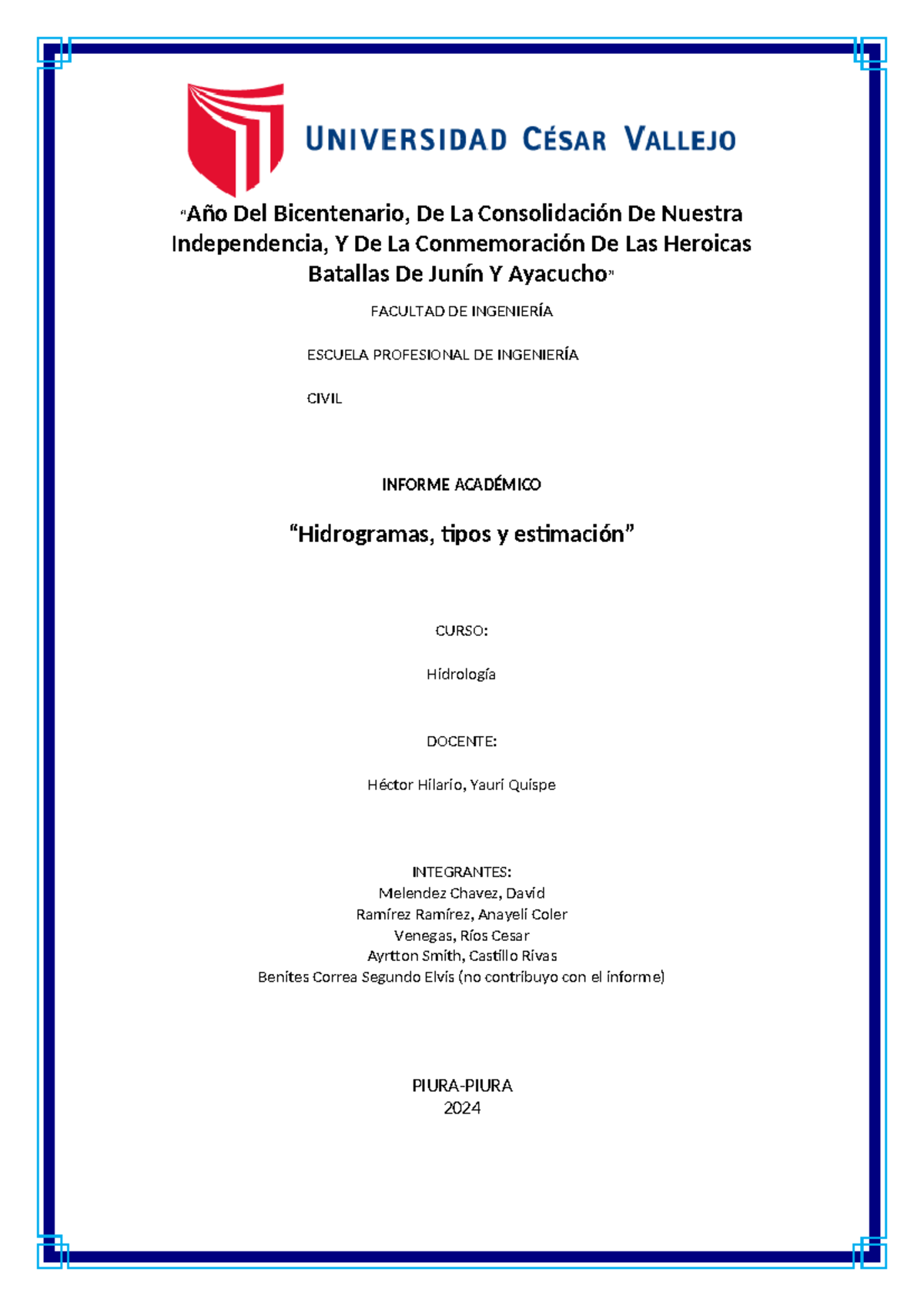 Informe Académico sobre Hidrogramas y su Estimación en Hidrología - INGENIERÍA CIVIL - Studocu