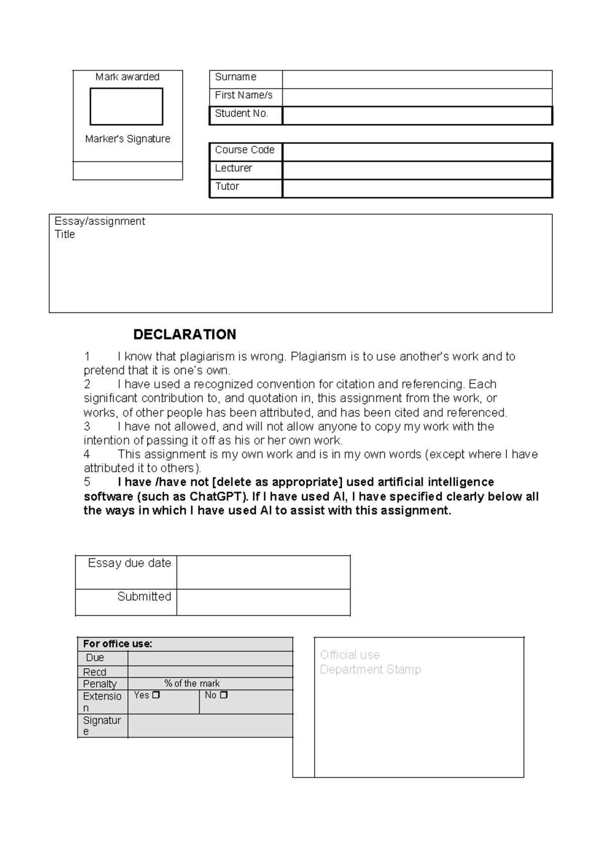 Plagiarism and AI Declaration 2025 - Course Code Compliance Statement ...