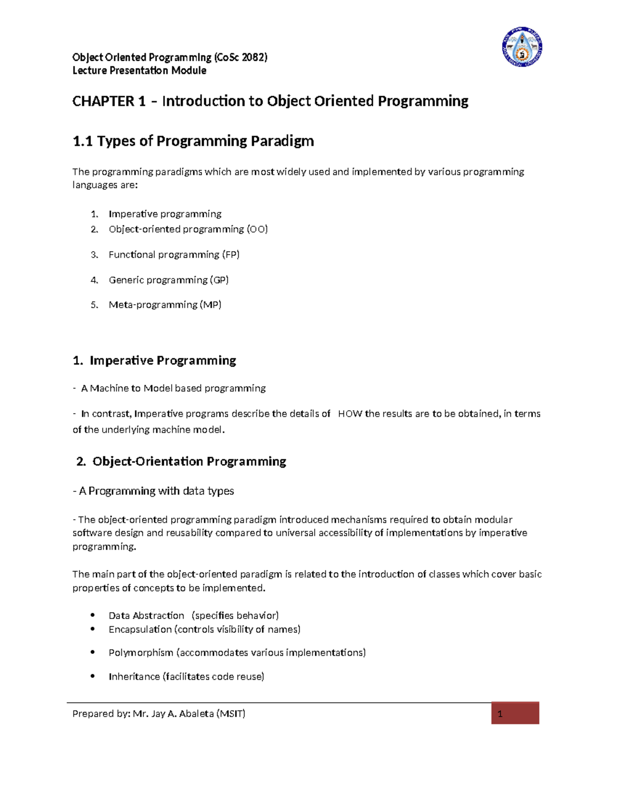 Chapter 1: Introduction to Object Oriented Programming (CS101) - Studocu
